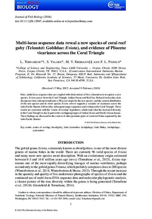 (PDF) Multi-locus sequence data reveal a new species of coral reef goby (Teleostei: Gobiidae ...