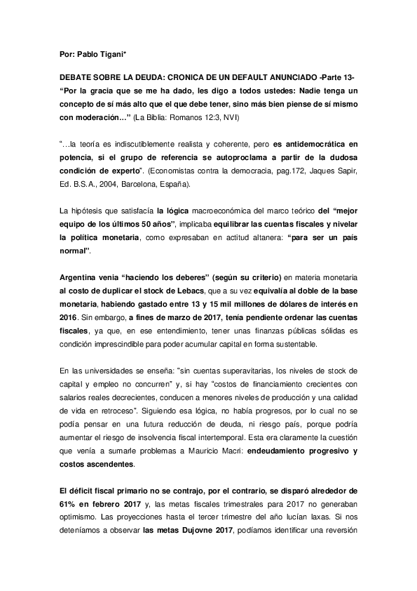 (PDF) Por: Pablo Tigani* DEBATE SOBRE LA DEUDA: CRONICA DE UN DEFAULT ...