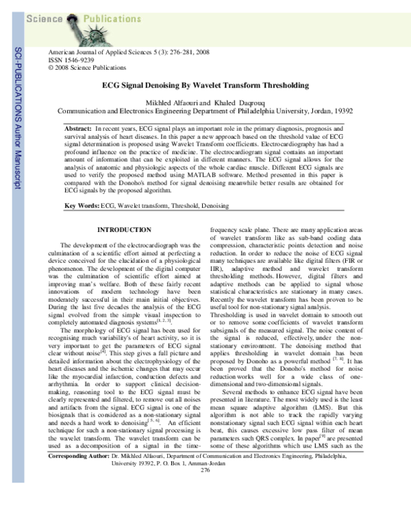 (PDF) ECG Signal Denoising By Wavelet Transform Thresholding