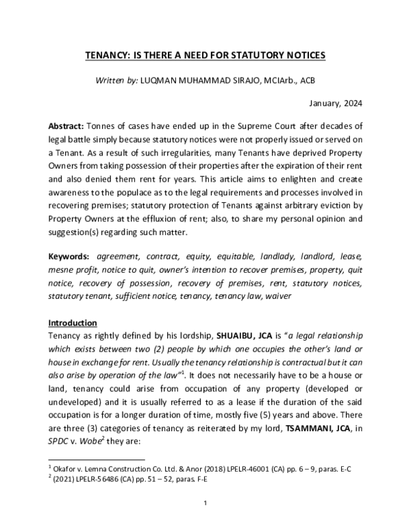 (PDF) TENANCY: IS THERE A NEED FOR STATUTORY NOTICES
