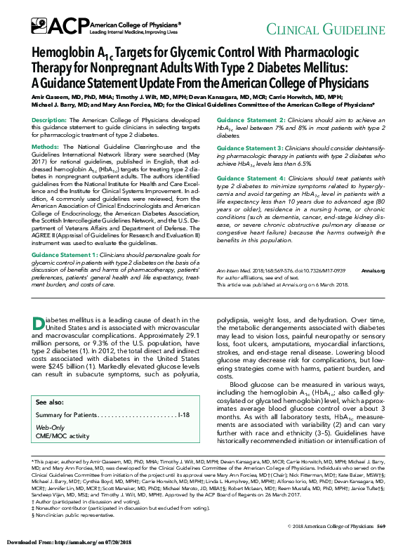 (PDF) Hemoglobin A1c Targets for Glycemic Control With Pharmacologic ...