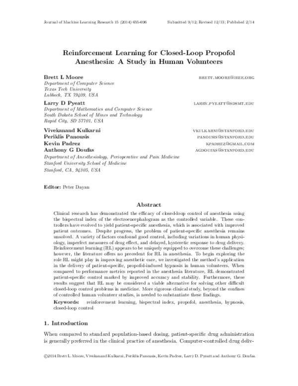(PDF) Reinforcement learning for closed-loop propofol anesthesia: a study in human volunteers