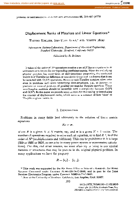 (PDF) Displacement ranks of matrices and linear equations