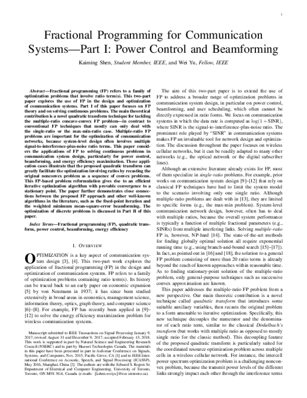 Pdf Fractional Programming For Communication Systems—part I Power Control And Beamforming