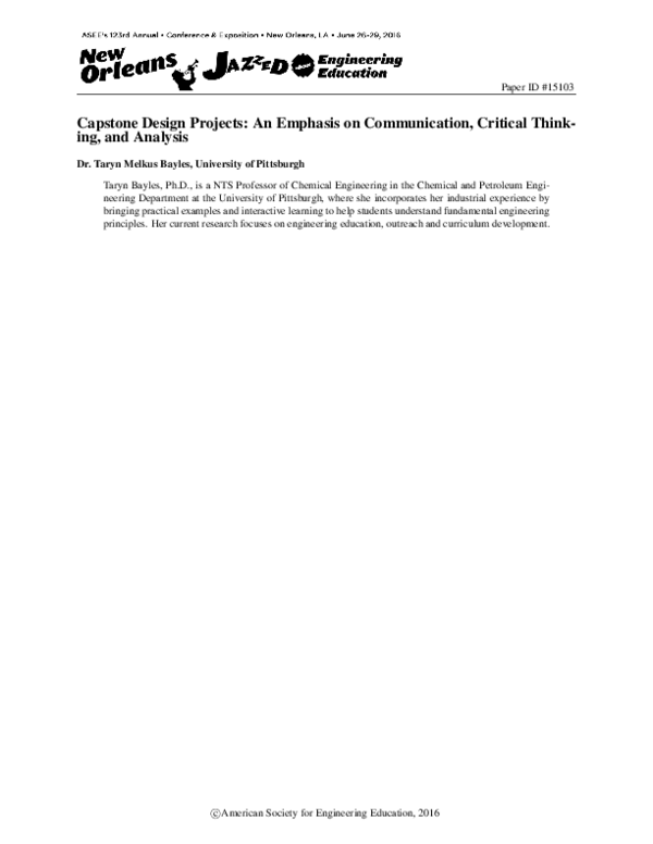 (PDF) Capstone Design Projects: An Emphasis on Communication, Critical ...