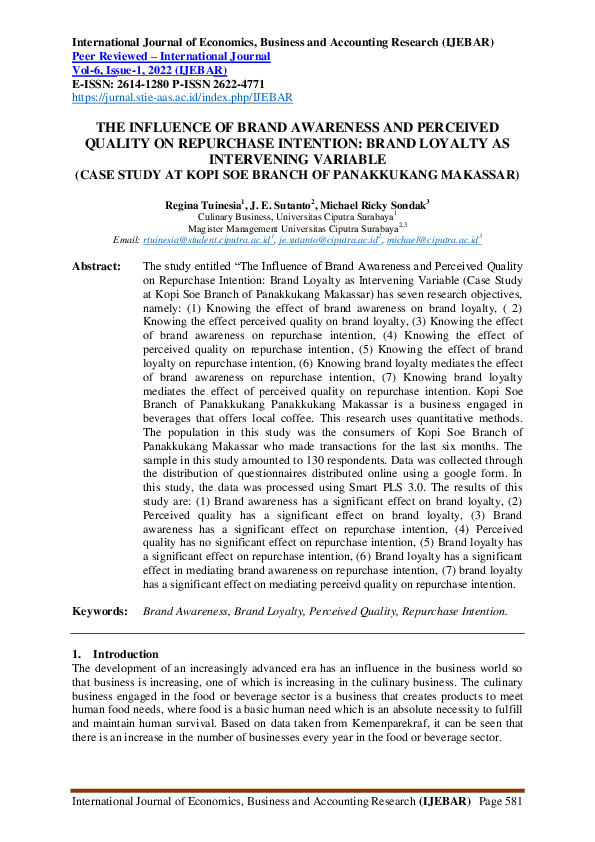 (PDF) The Influence of Brand Awareness and Perceived Quality on Repurchase Intention: Brand ...