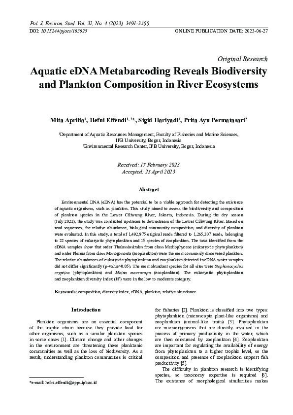 (PDF) Aquatic eDNA Metabarcoding Reveals Biodiversity and Plankton ...