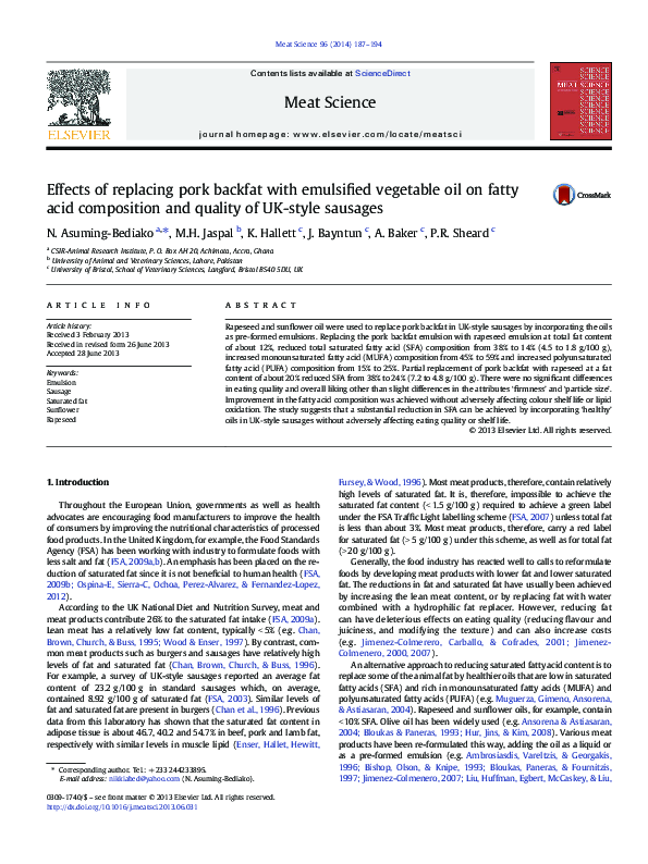 (PDF) Effects of replacing pork backfat with emulsified vegetable oil ...
