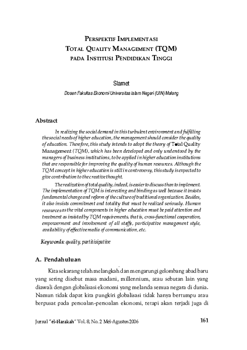(PDF) Perspektif Implementasi Total Quality Management (TQM) Pada Institusi Pendidikan Tinggi