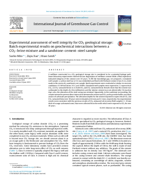 (PDF) Experimental assessment of well integrity for CO2 geological ...