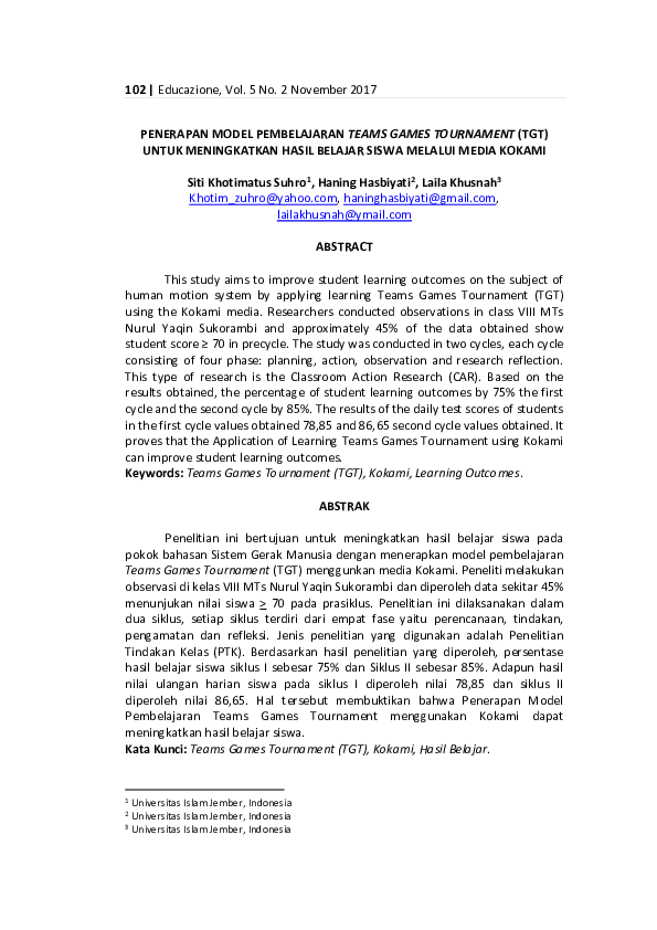 (PDF) Penerapan Model Pembelajaran Teams Games Tournament (TGT) untuk Meningkatkan Hasil Belajar ...