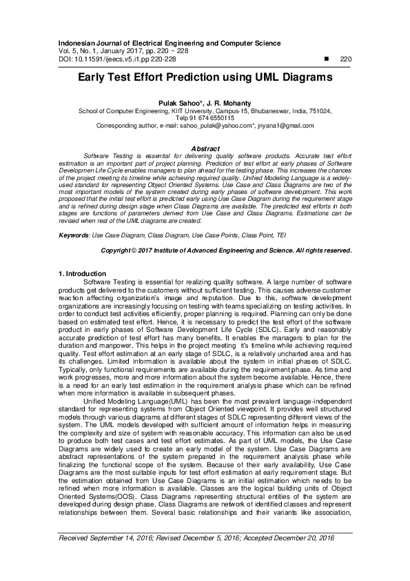 (PDF) Early Test Effort Prediction using UML Diagrams