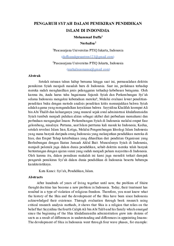 (PDF) PENGARUH SYI'AH DALAM PEMIKIRAN PENDIDIKAN ISLAM DI INDONESIA