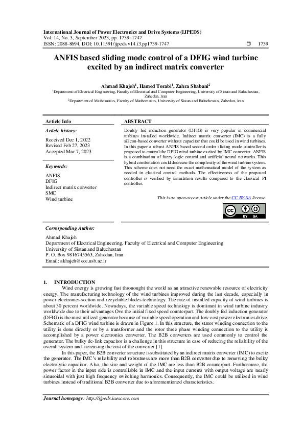 Pdf Anfis Based Sliding Mode Control Of A Dfig Wind Turbine Excited By An Indirect Matrix