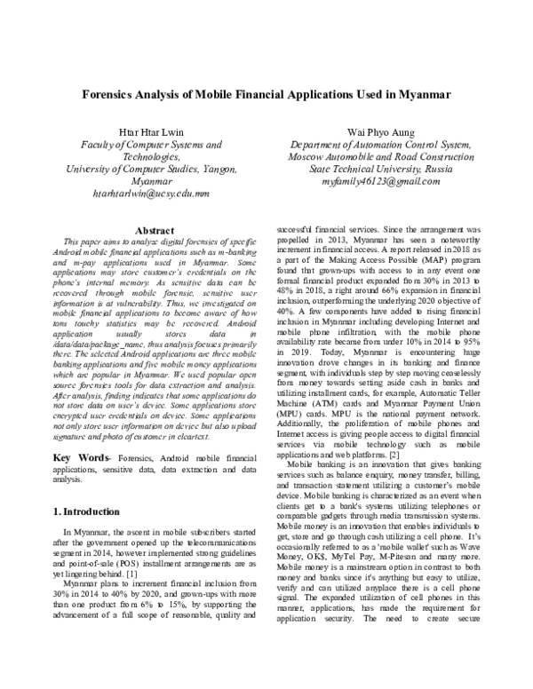 (PDF) Forensics Analysics of Mobile Financial Applications used in Myanmar