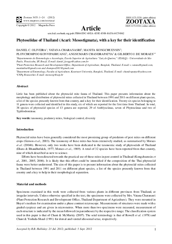 (PDF) Phytoseiidae of Thailand (Acari: Mesostigmata), with a key for ...