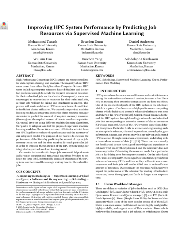 (PDF) Improving HPC System Performance by Predicting Job Resources via Supervised Machine Learning
