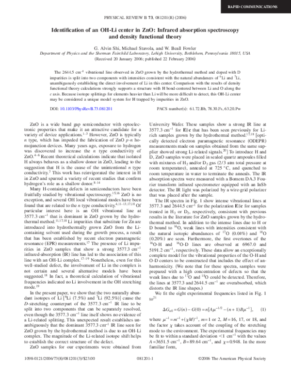 (PDF) Identification of an OH-Li center in ZnO: Infrared absorption ...