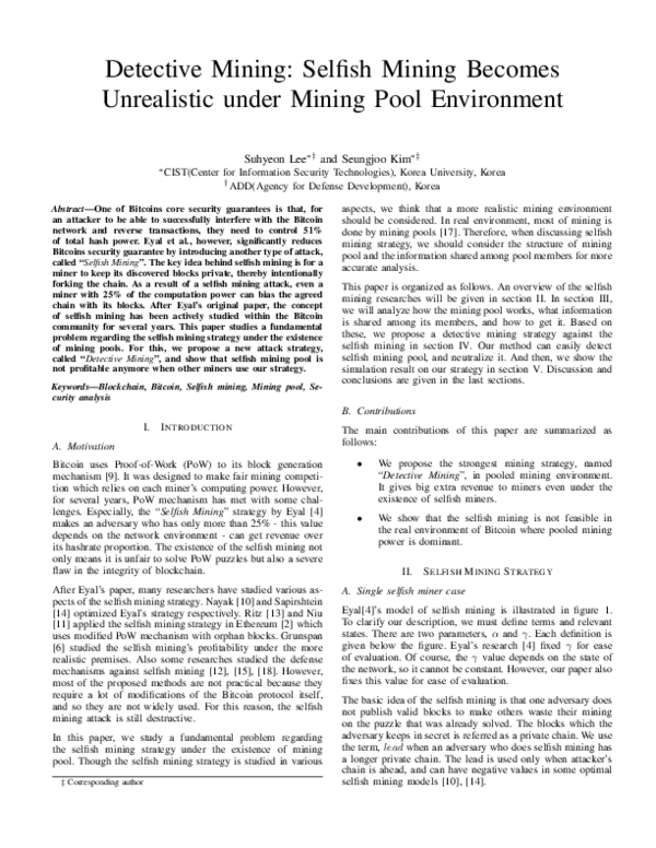 (PDF) Detective Mining: Selfish Mining Becomes Unrealistic under Mining Pool Environment