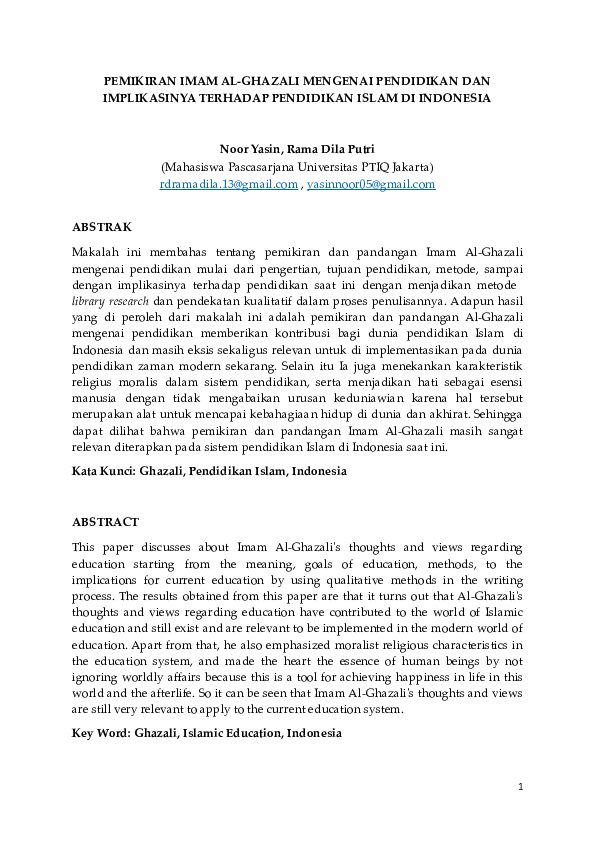 (PDF) PEMIKIRAN IMAM AL-GHAZALI MENGENAI PENDIDIKAN DAN IMPLIKASINYA TERHADAP PENDIDIKAN ISLAM ...