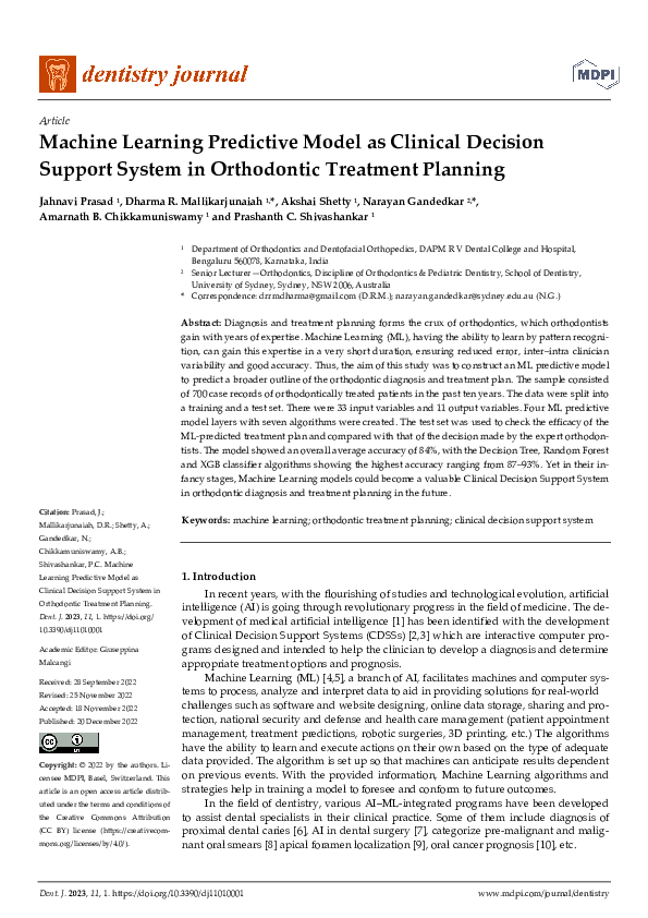 (PDF) Machine Learning Predictive Model as Clinical Decision Support System in Orthodontic ...