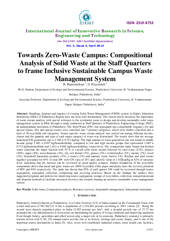 (PDF) Towards Zero-Waste Campus: CompositionalAnalysis of Solid Waste at the Staff Quartersto ...