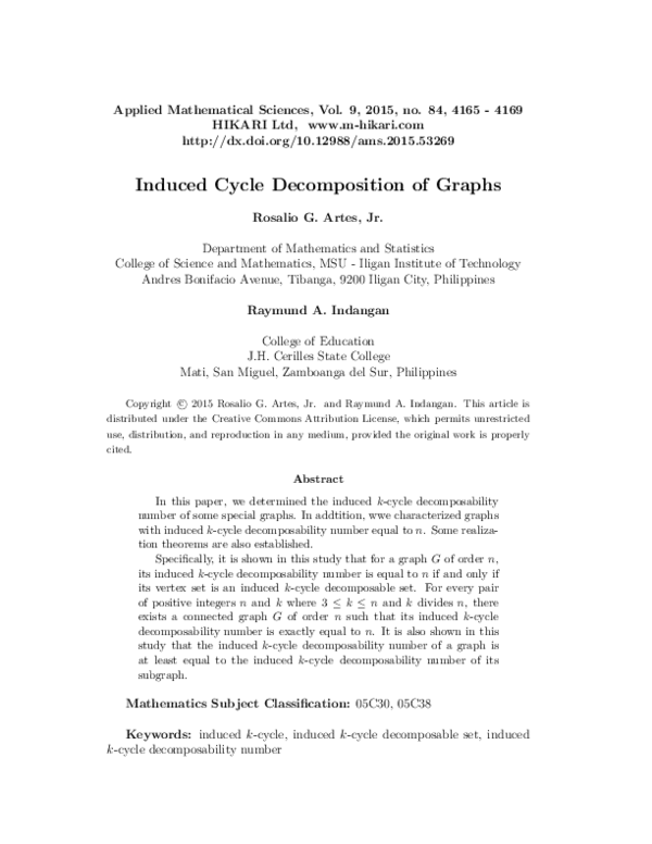 (PDF) Induced Cycle Decomposition of Graphs | Raymund Indangan - Academia.edu