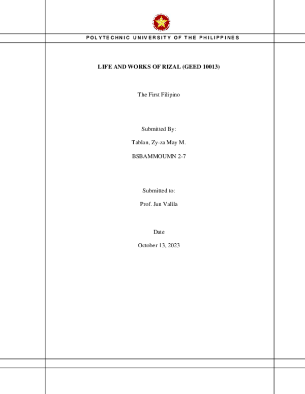 (PDF) TABLAN ZYZA MAY LIFE WORKS OF RIZAL THE FIRST FILIPINO