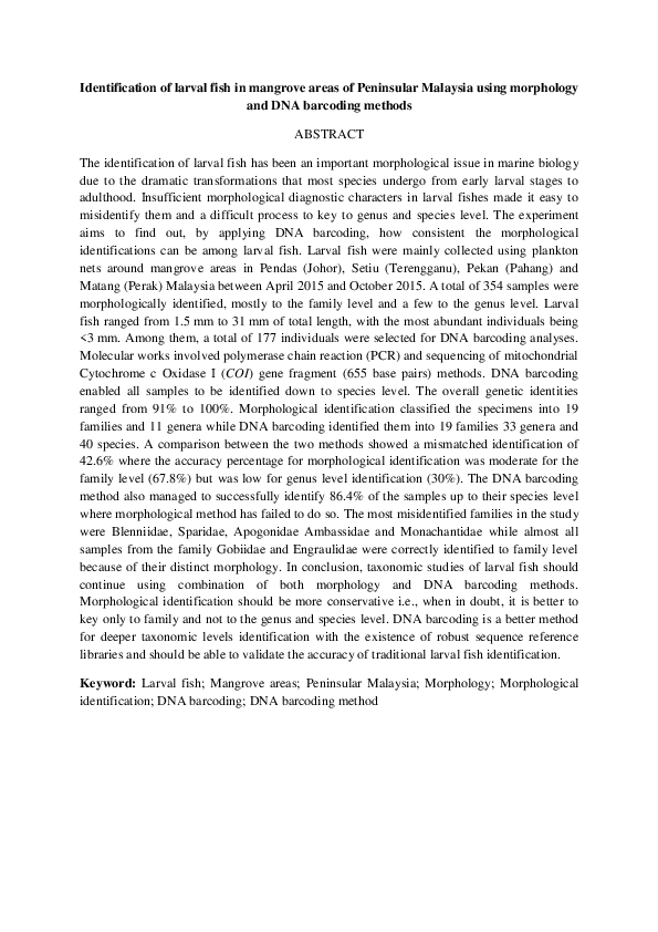 (PDF) Identification of larval fish in mangrove areas of Peninsular Malaysia using morphology ...
