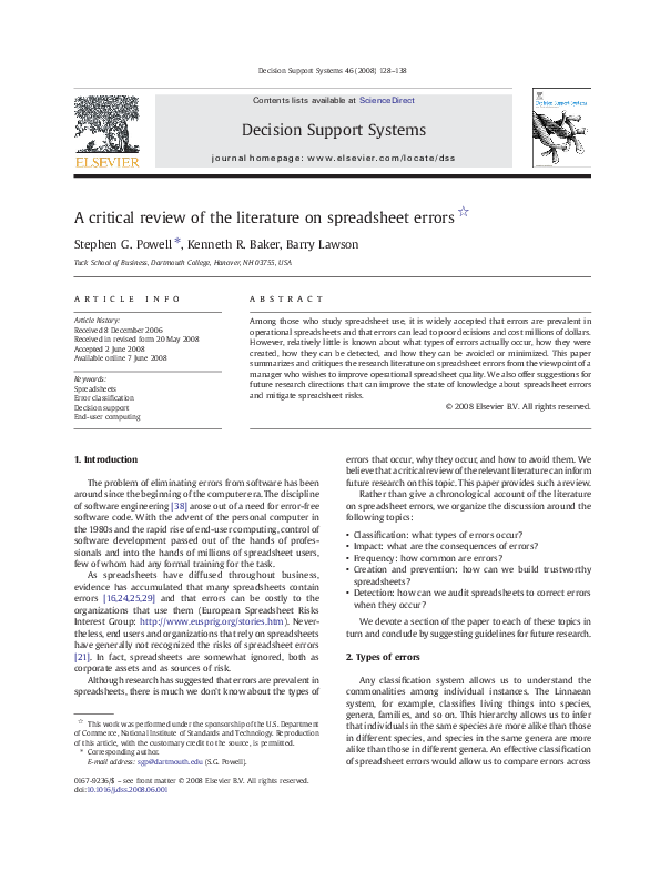 (PDF) A critical review of the literature on spreadsheet errors