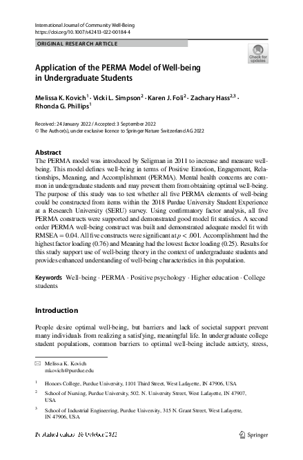 (PDF) Application of the PERMA Model of Well-being in Undergraduate ...