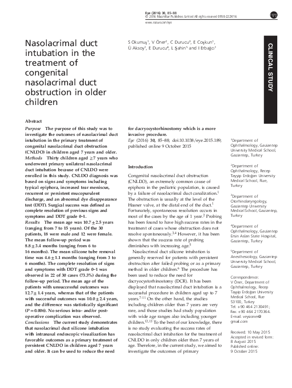 (PDF) Nasolacrimal duct intubation in the treatment of congenital ...