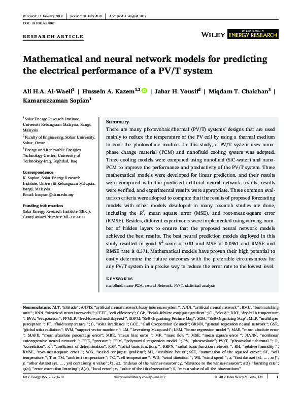 (PDF) Mathematical and neural network models for predicting the electrical performance of a PV/T ...
