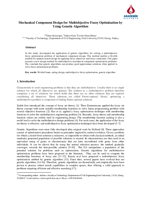 (PDF) Mechanical Component Design for Multiobjective Fuzzy Optimization by Using Genetic Algorithm