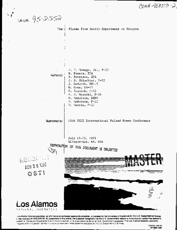 (PDF) Plasma flow switch experiment on Procyon