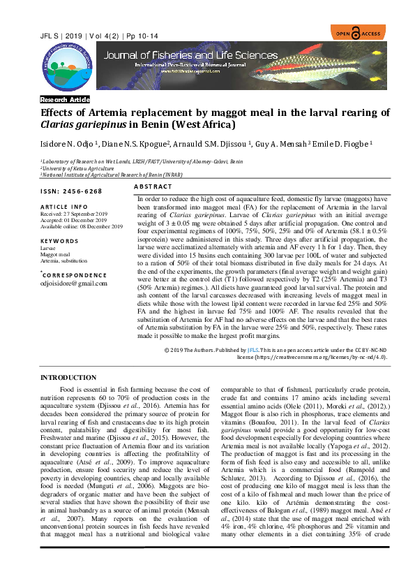 (PDF) Effects of Artemia replacement by maggot meal in the larval rearing of Clarias gariepinus ...