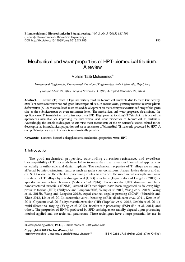 (PDF) Mechanical and wear properties of HPT-biomedical titanium: A review