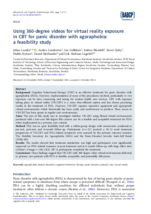 (PDF) Using 360-degree videos for virtual reality exposure in CBT for panic disorder with ...