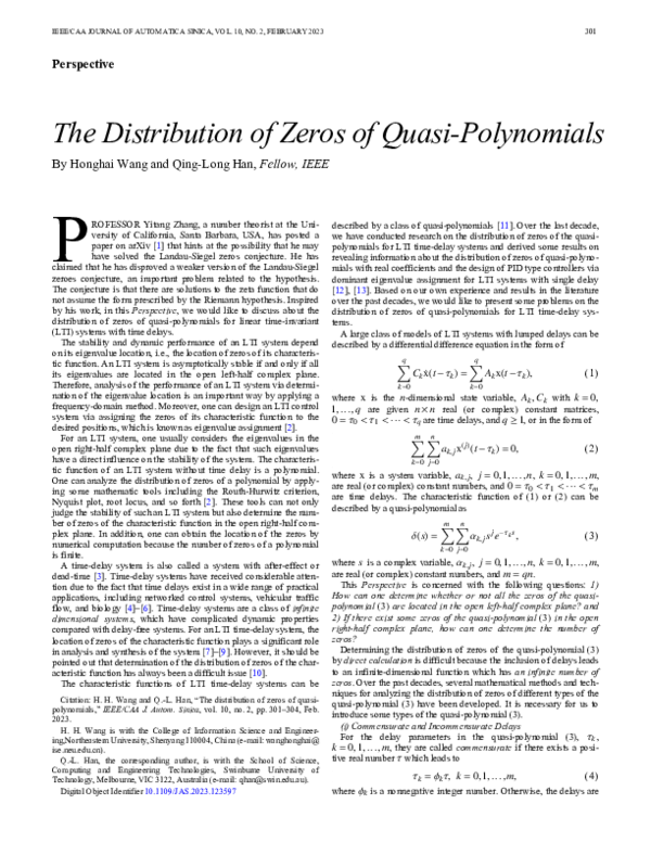 (PDF) The Distribution of Zeros of Quasi Polynomials