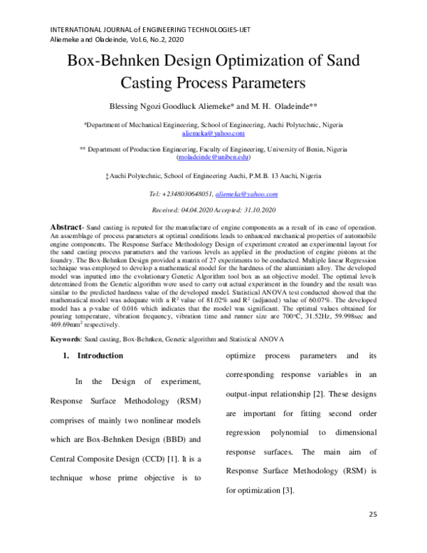 (PDF) Box-Behnken Design Optimization of Sand Casting Process Parameters