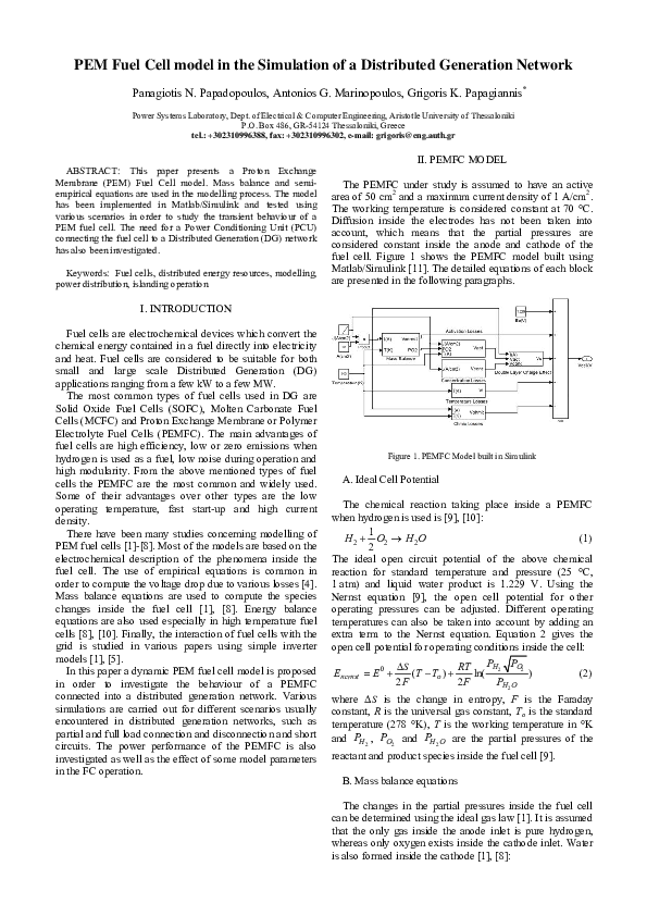 (PDF) PEM fuel cell model in the simulation of a distributed generation network