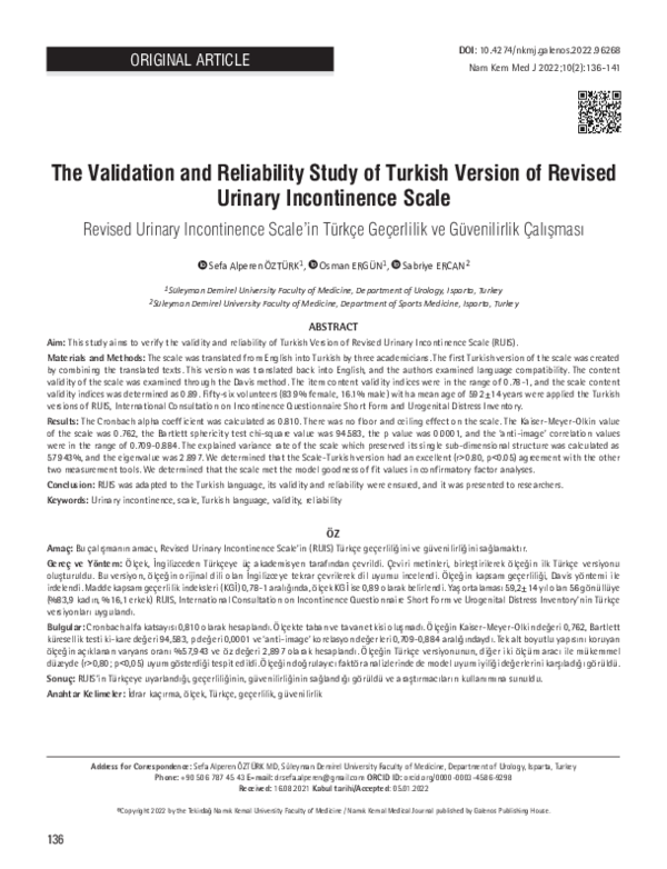 (PDF) The Validation and Reliability Study of Turkish Version of ...