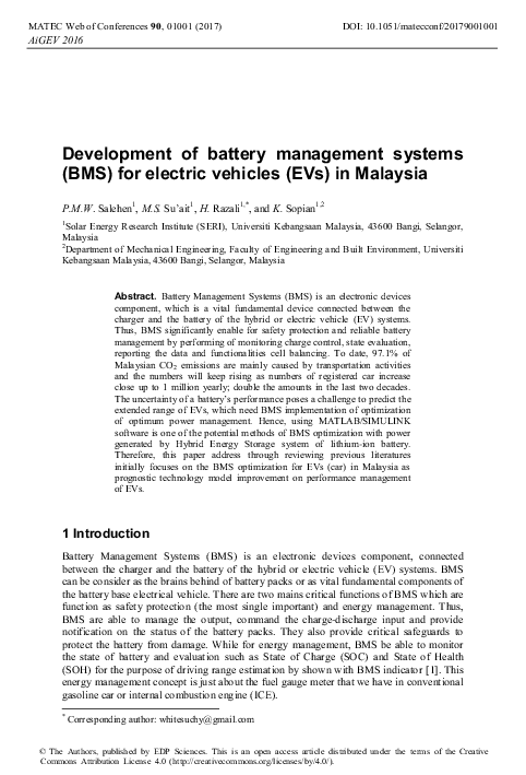 (PDF) Development of battery management systems (BMS) for electric vehicles (EVs) in Malaysia