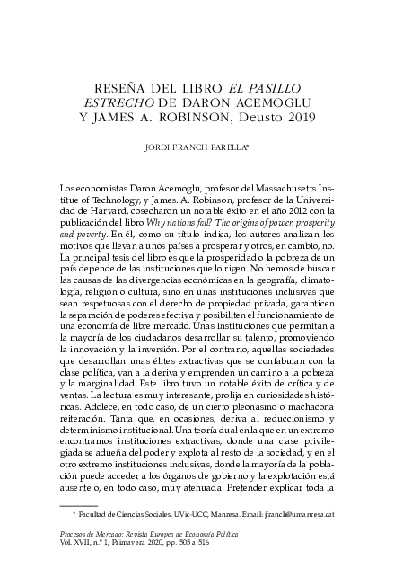(PDF) RESEÑA DEL LIBRO EL PASILLO ESTRECHO DE DARON ACEMOGLU Y JAMES A. ROBINSON, Deusto 2019