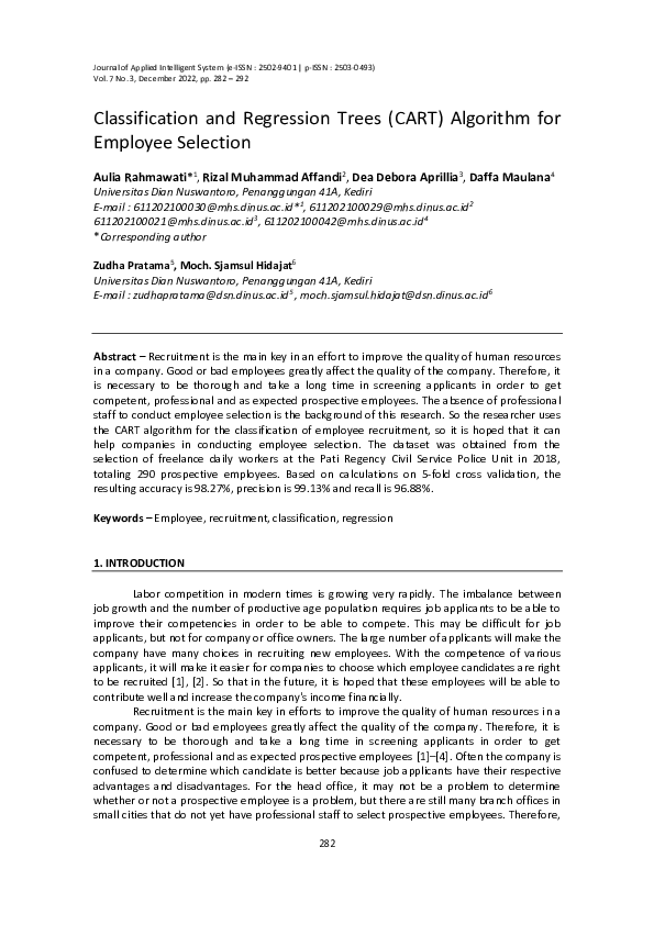 Pdf Classification And Regression Trees Cart Algorithm For Employee