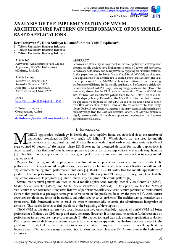 Pdf Analysis Of The Implementation Of Mvvm Architecture Pattern On Performance Of Ios Mobile