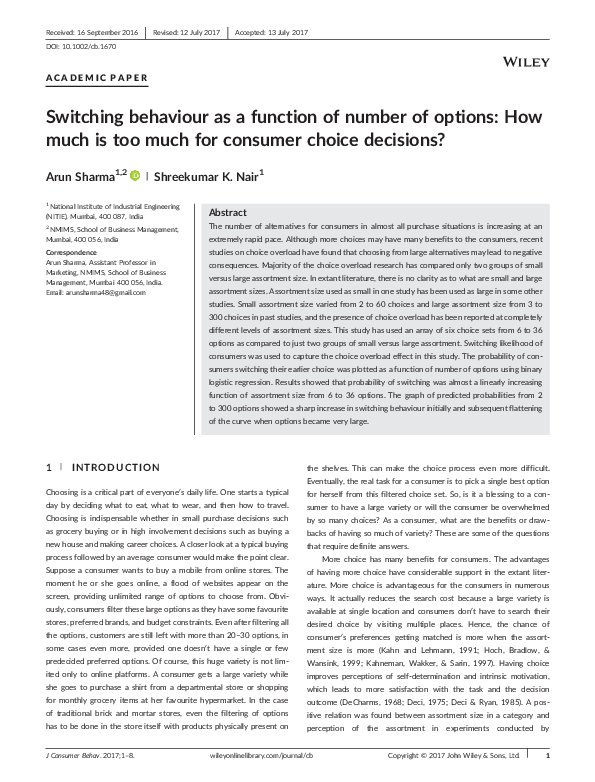 (PDF) Switching behaviour as a function of number of options: How much ...
