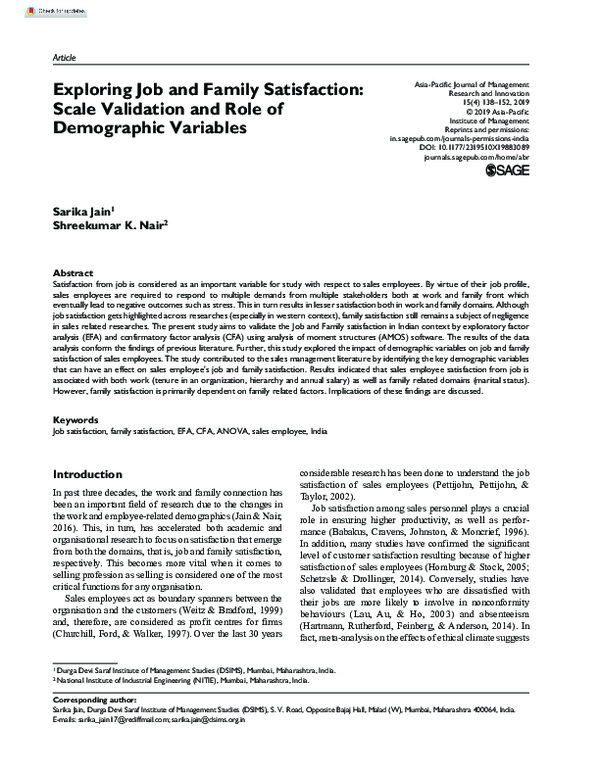 (PDF) Exploring Job and Family Satisfaction: Scale Validation and Role of Demographic Variables