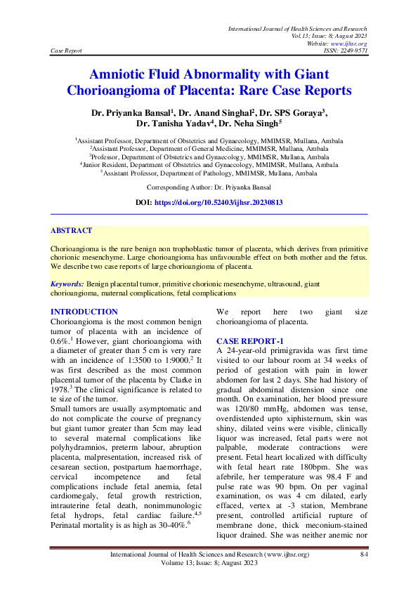(PDF) Amniotic Fluid Abnormality with Giant Chorioangioma of Placenta: Rare Case Reports