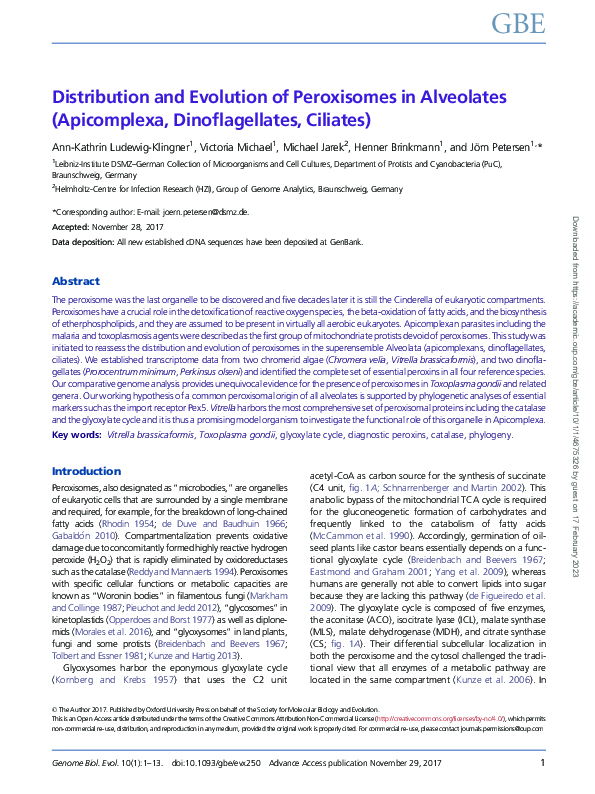 (PDF) Distribution and Evolution of Peroxisomes in Alveolates ...